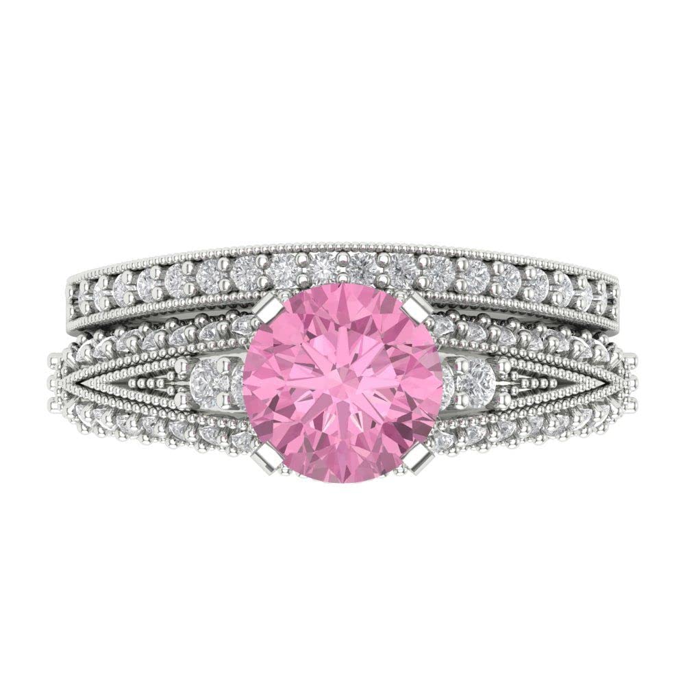 Clara Pucci 2.10ct Round Cut Solitaire Accent Pink Simulated Diamond Engagement Promise Bridal Ring Band set 14k White Gold 6.5
