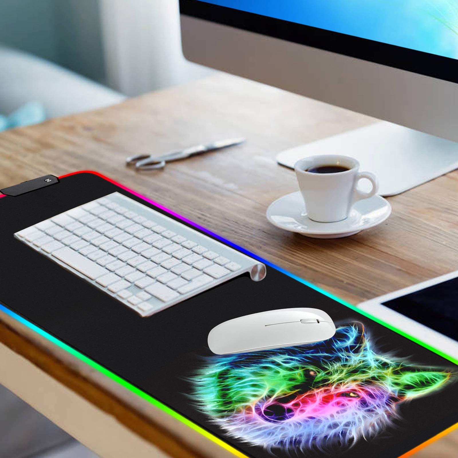 RGB Gaming Mouse Pad - 14 Light Modes Extended Computer Keyboard Mat, Anime LED Mouse Pad Large,High-Performance Mouse Pad Optimized for Gamer 31.5 X 12in (Wolf Mouse pad)