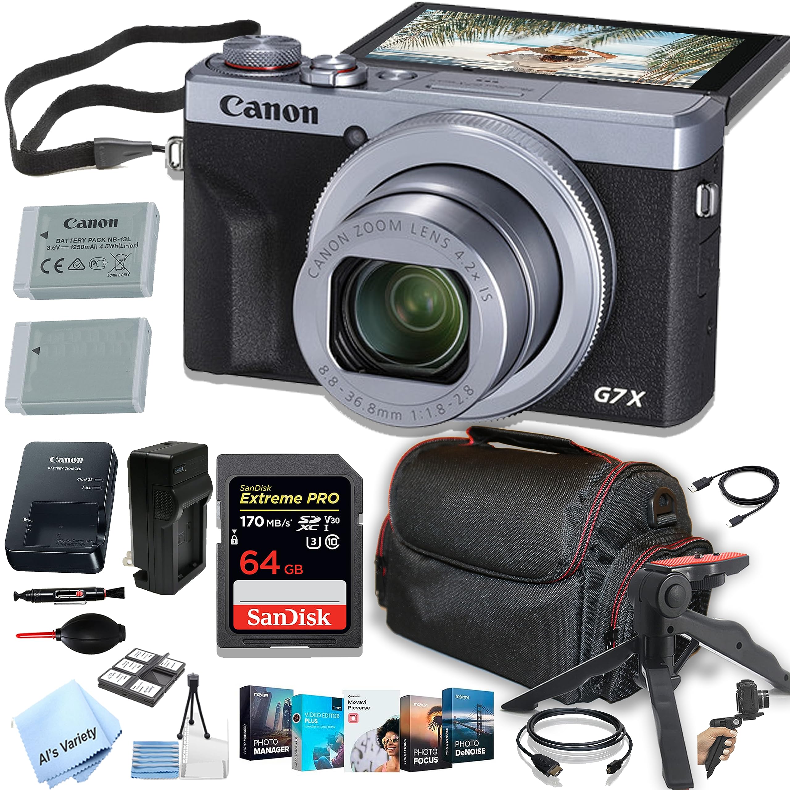 Canon PowerShot G7 X Mark III (Silver) Digital Camera + 64GB Extreem Speed Memory,Stabilizong Grip, Case, Batteries,and More (22pc Bundle)