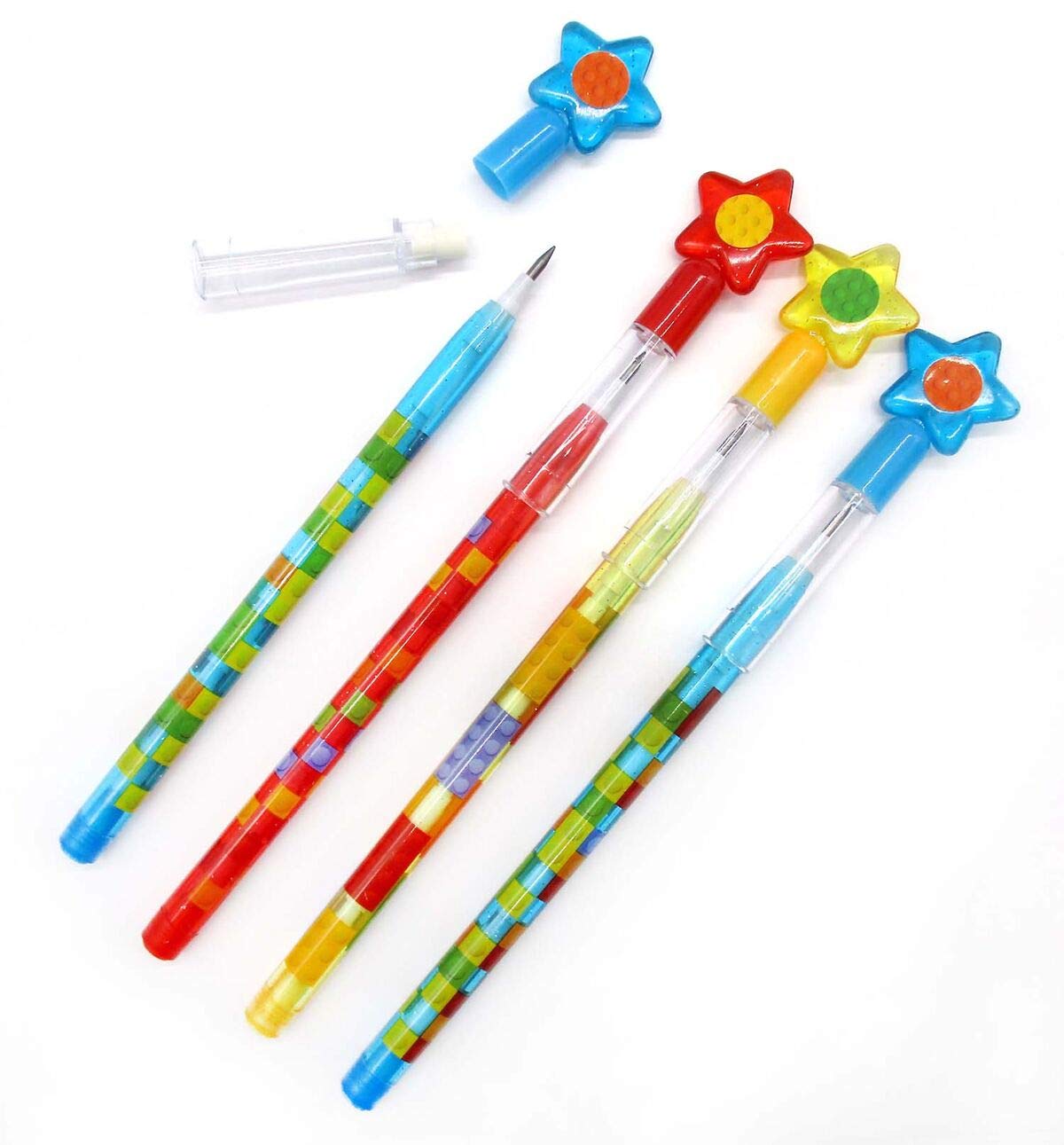 Tiny Mills 24 Pcs Building Blocks Brick Multi Point Stackable Pencil with Eraser for Brick Birthday Party Favor Prize Carnival Goodie Bag Stuffers Classroom Rewards Pinata Fillers