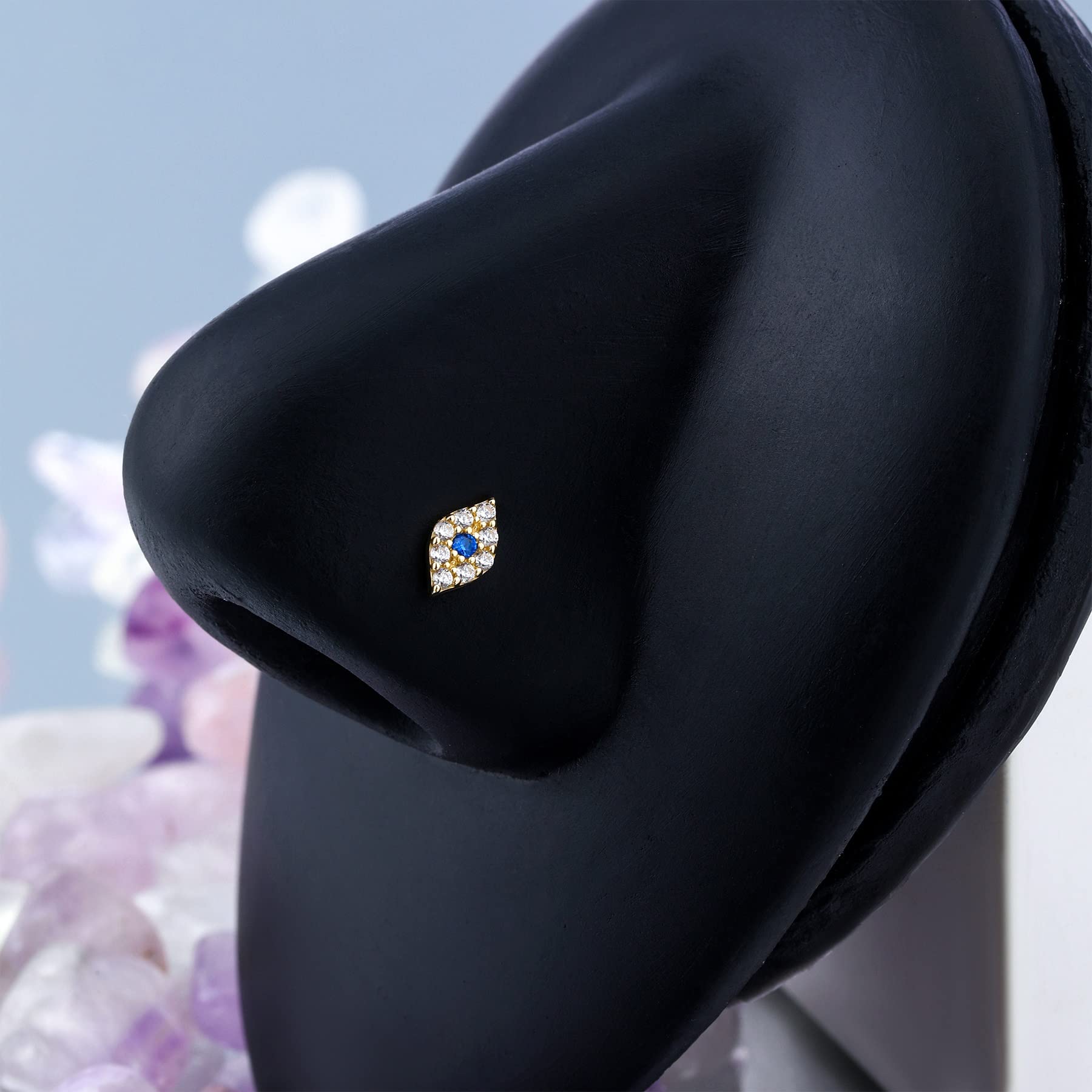 CM Crareesi Mania 14K Gold Nose Ring 20Gauge EviL Eye Nose Studs 14k Solid Gold Nose Stud L Shaped Nose Rings Nose Piercing Jewelry