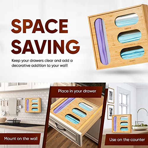 HidzBasics Ziplock Bag Organizer โ Bamboo Ziplock Bag Storage Organizer for Gallon, Quart, Sandwich, and Snack Size Food Bags โ Baggie Organizer for Kitchen Drawer and Pantry โ Wooden Slider Lid