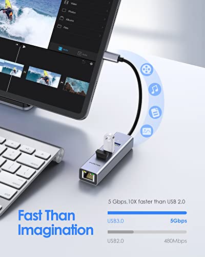 LENTION USB C Hub Ethernet Adapter, 3 USB 3.0 Ports, RJ45 Network Connector for 2023-2016 MacBook Pro, New Mac Air/iPad Pro, Chromebook, More, Stable Driver Certified (CB-C23s, Space Gray)
