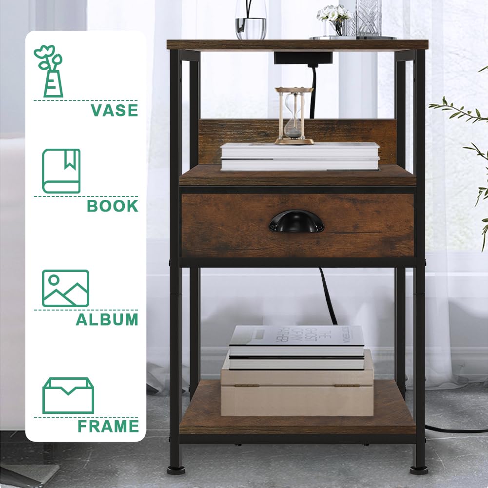 FURWOO Bed Side Table with Charging Station 3-Tier Storage Industrial nightstand with Drawers Good for Bedroom Living Room Rustic Brown