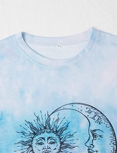 Remidoo Women's Short Sleeve Sun and Moon Print Tie Dye T Shirt Top Casual Tees Loose Blouse Blue Medium