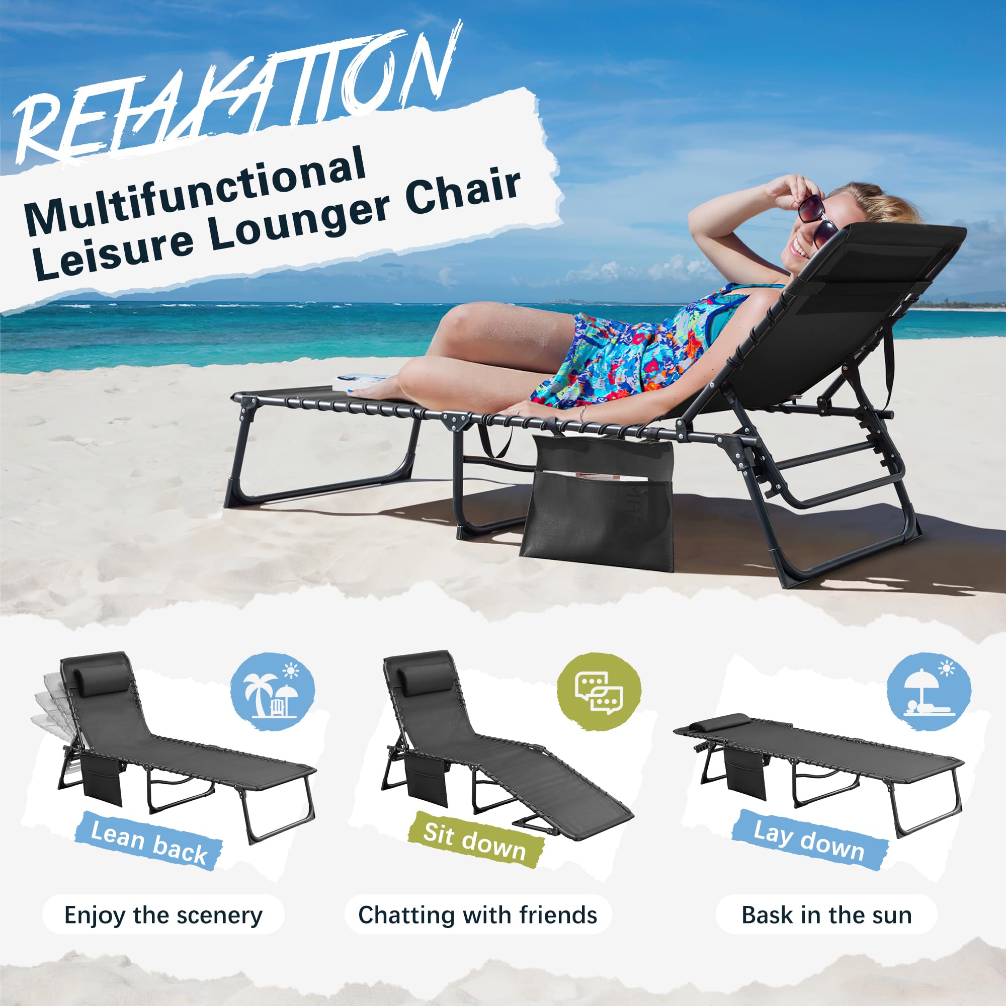 Greesum Chaise Lounge Folding Tanning Chair with 5 Position Adjustable Back, Detachable Pillow & Pocket for Outside Pool, Beach, Sunbathing, Beige w/Face Hole