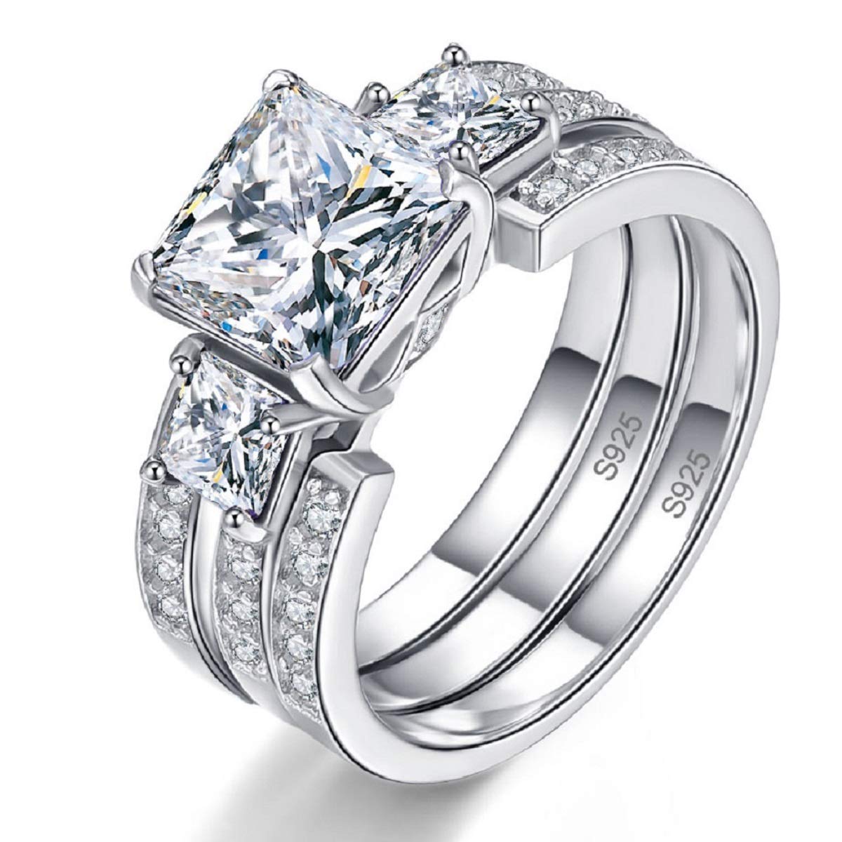 BONLAVIE 3Ct Princess Cut Wedding Ring Sets for Women 925 Sterling Silver White Cubic Zirconia Bridal Ring Sets Wedding rings Stackable Ring Size 7