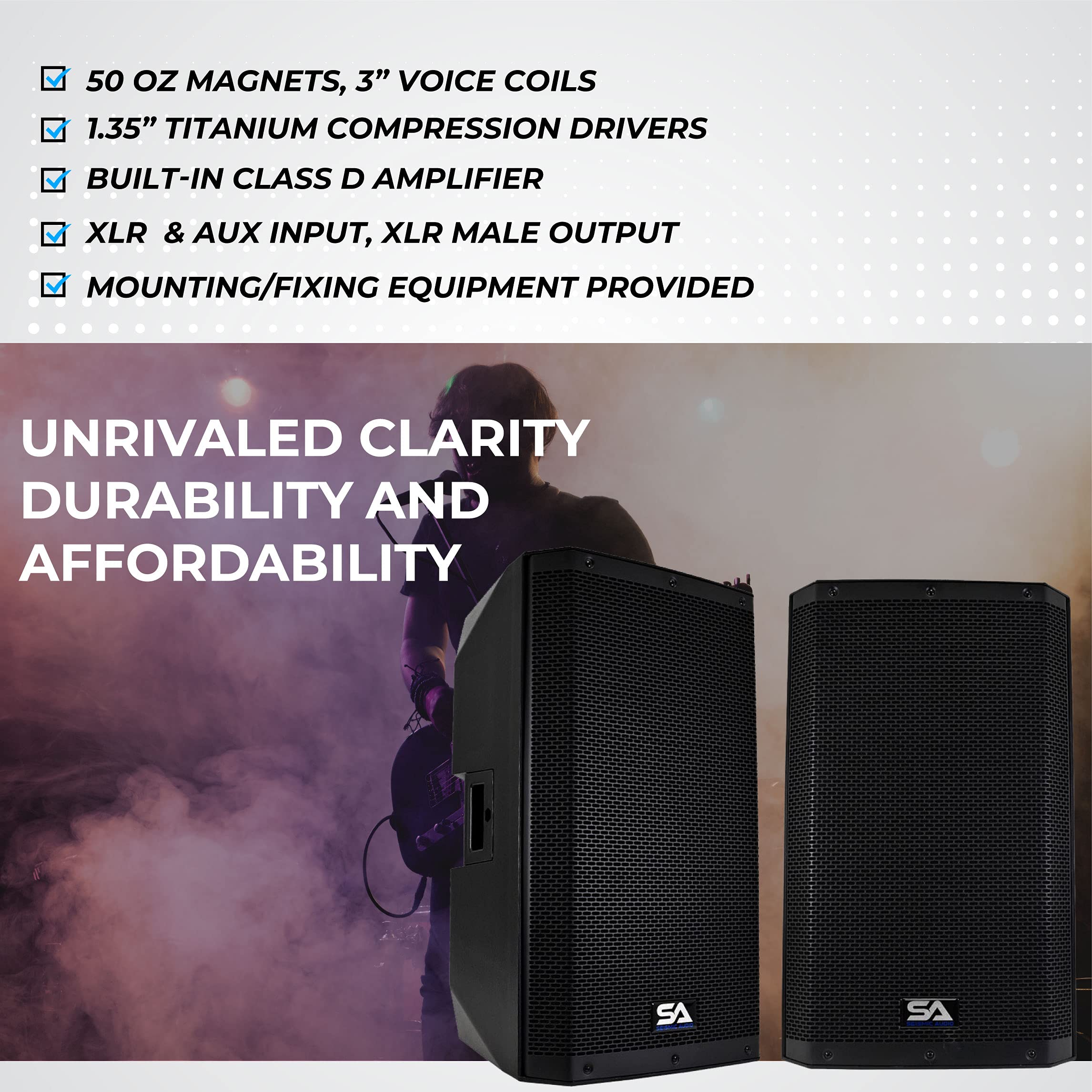 Seismic Audio Speakers Riot-15, Pair of Powered 1000 Watt PA/DJ Speaker with Bluetooth, 15 Inch Speaker, DSP, Built in Mixer & Class D Amplifier