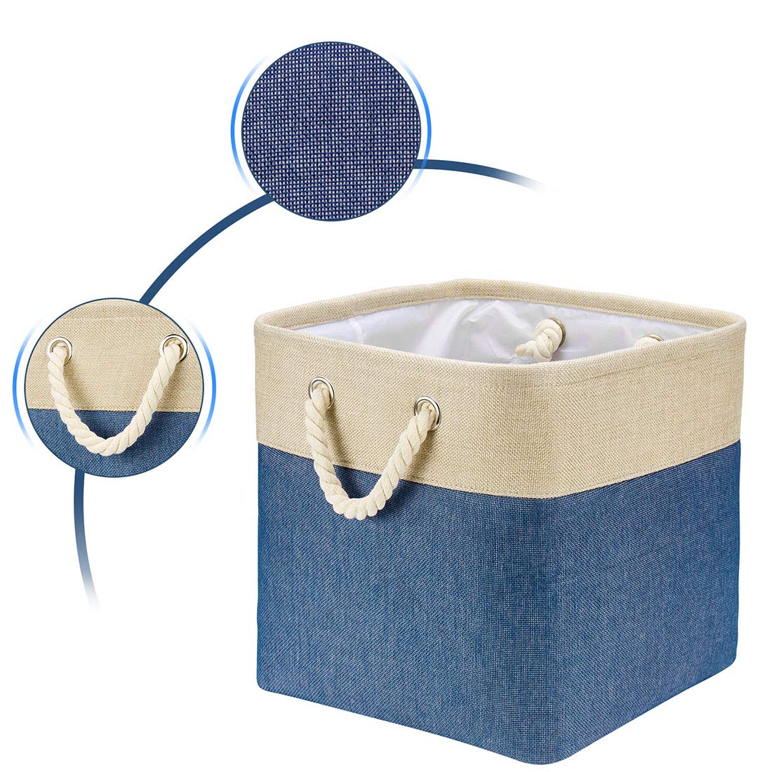 i BKGOO 3Pack Large Foldable Storage Bins,Collapsible Sturdy Cationic Fabric Organizing Storage Basket Cube with Cotton Handles for Home Office Shelf Clothes Toys Khaki-Blue 13×13×13 inch