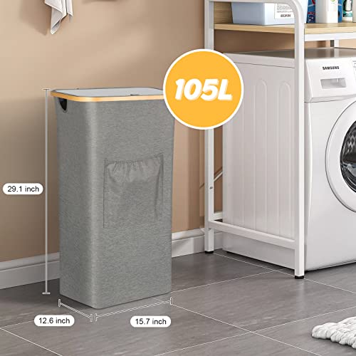 GLCONN Tall Laundry Basket with Lid, Inner Bag - 105L Large Laundry Hamper Bathroom Clothes Basket - Collapsible Storage Bin Grey Basket for Clothes, Toys, Dorm, Living Room, Bedroom Organizer