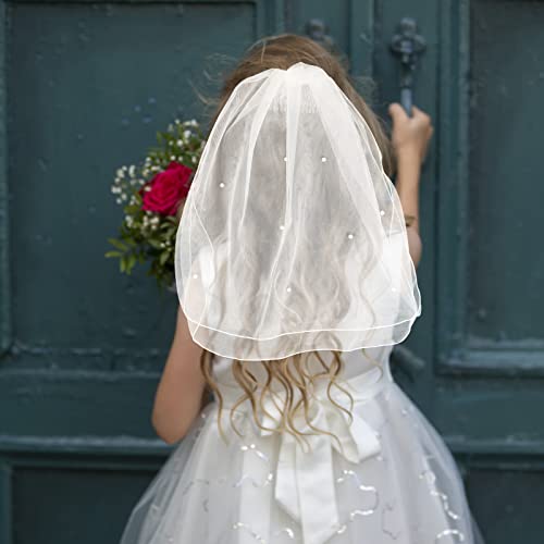 CCINEE Bachelorette Party Pearl Bridal Veil, Women's Short Wedding Veils with Comb 2 Tier Beads Bridal Veil Headband Decorations for Bride To Be Gift Wedding 40cm/15.7"(Ivory)