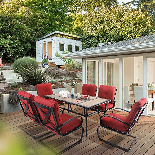 MFSTUDIO 7PCS Outdoor Patio Dining Table Set, 6 Spring Motion Chairs, 1 Rectangular Table Woodlike Top with 1.57" Umbrella Hole, Lawn Backyard Garden Furniture Sets, Burgundy