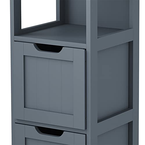 HOMEFORT Bathroom Storage Cabinet, Slim Tall Cabinet, Narrow Floor Cabinet Organizer, Wooden Linen Tower with 2 Drawers and 3 Shelves, Freestanding Storage Cupboard (Grey)