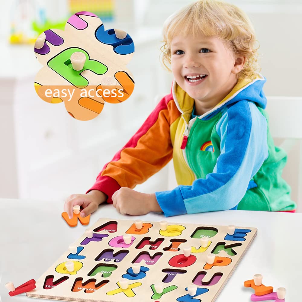 CCMTangHong Wooden Alphabet Puzzle ABC ,Letter Puzzle with Button,Montessori Matching Game Jigsaw Toy,Educational Early Learning Toy Gift for Preschool Year Old Kids