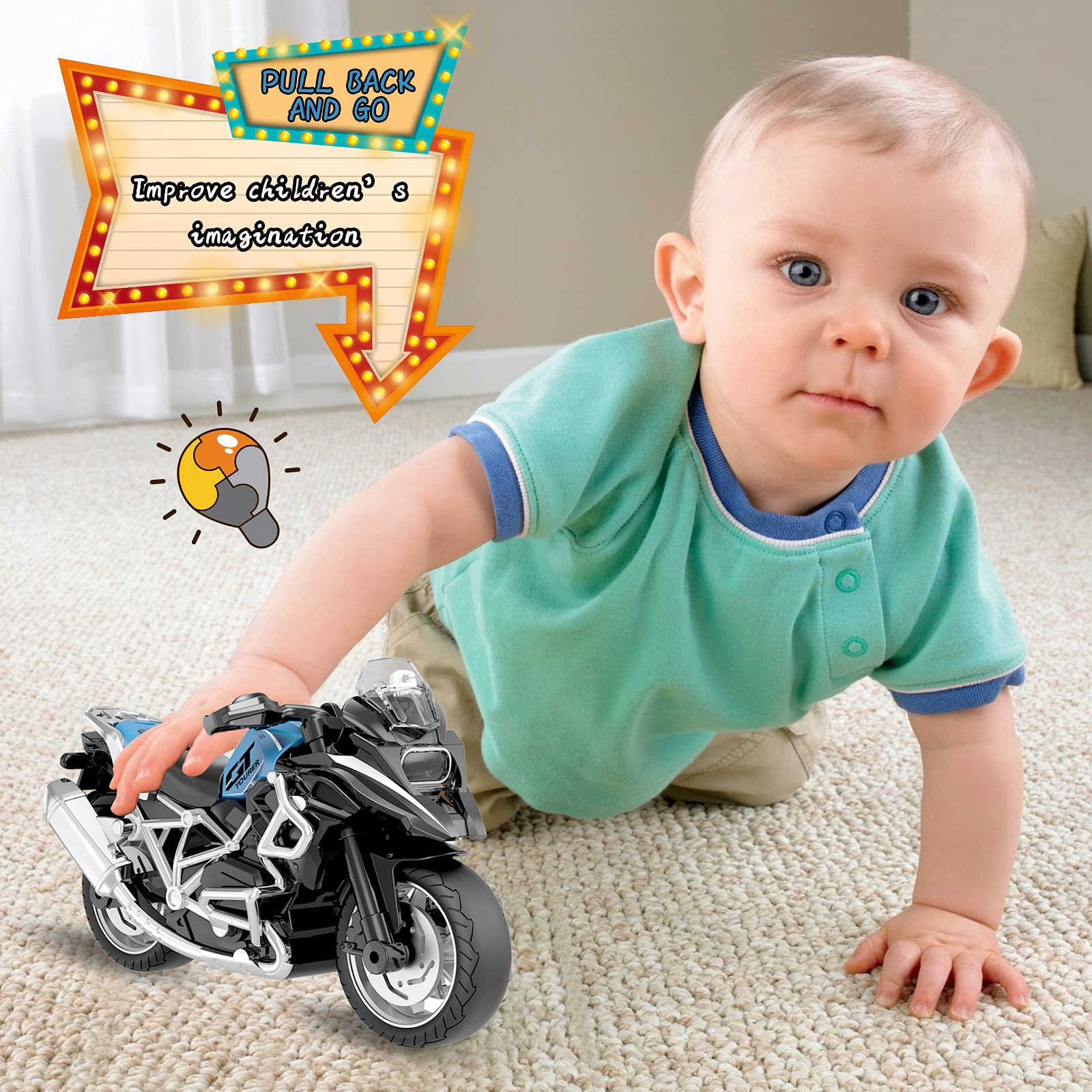 YA LE MING Motorcycle Toy,Pull Back Vehicles,with Light and Music Toys Motorcycle Model, Motorcycle Toys for 3+ Year Old Boys Girls (Blue)