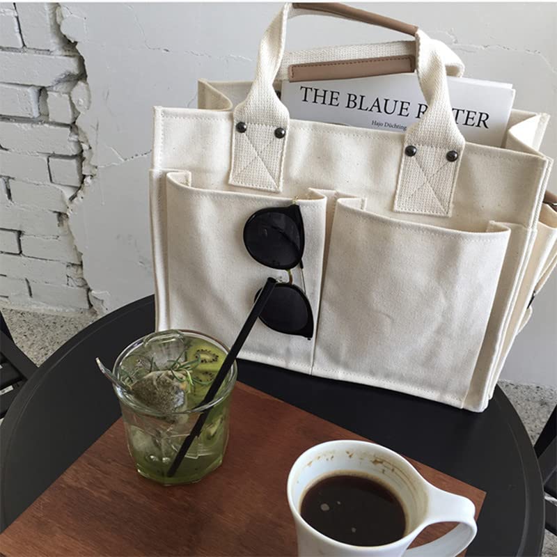 Canvas Bag with Handle -Mommy Bag, Large Capacity Messenger Bag Durable Multi Pocket Shoulder Bag Wear Resistant Tote Purse Reusable Handbag Easy to Clean, Canvas White
