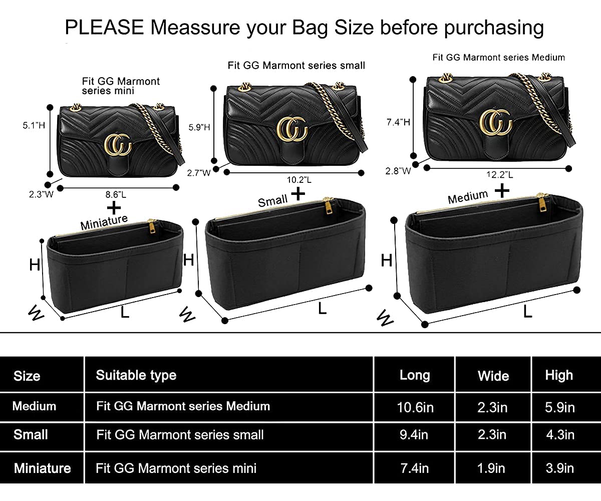 Small Handbag Shaper Insert for GG Marmont Matelasse Shoulder Bag(Pack of 2)Felt Insert Purse Organizer with Zipper- Buy 1 Get 1 Bag Free Small 8030 Black