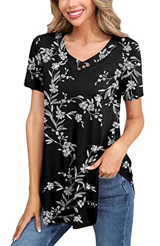 Netsmile Women's Summer Casual Short Sleeve Tunic Tops V-Neck Button Loose Blouse T-Shirts for Leggings, XL, White Carvings Black