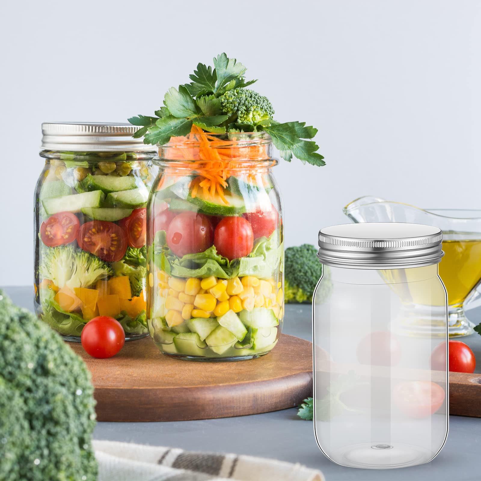 Gerrii 24 Pieces 16 oz Clear Plastic Mason Jars with Lids Refillable Mason Cocktail Cup Empty Canning Overnight Oats Container Plastic Candy Storage Jars Containers for Honey Spices Herbs
