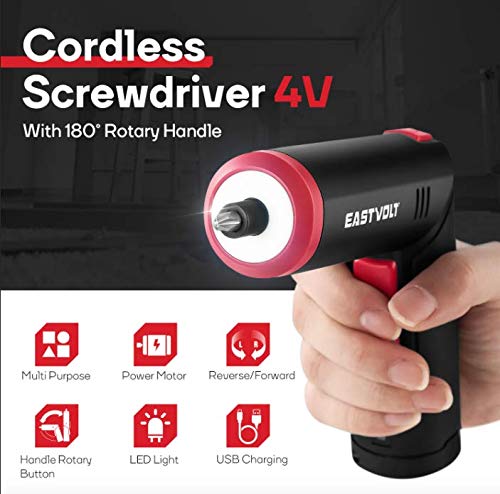 Eastvolt 4V Cordless Screwdriver, 6Nm Electric Screwdriver Rechargeable with 90 degree rotary handle, LED Light and USB Charging, Extension Rod, 32 Pieces Accessories