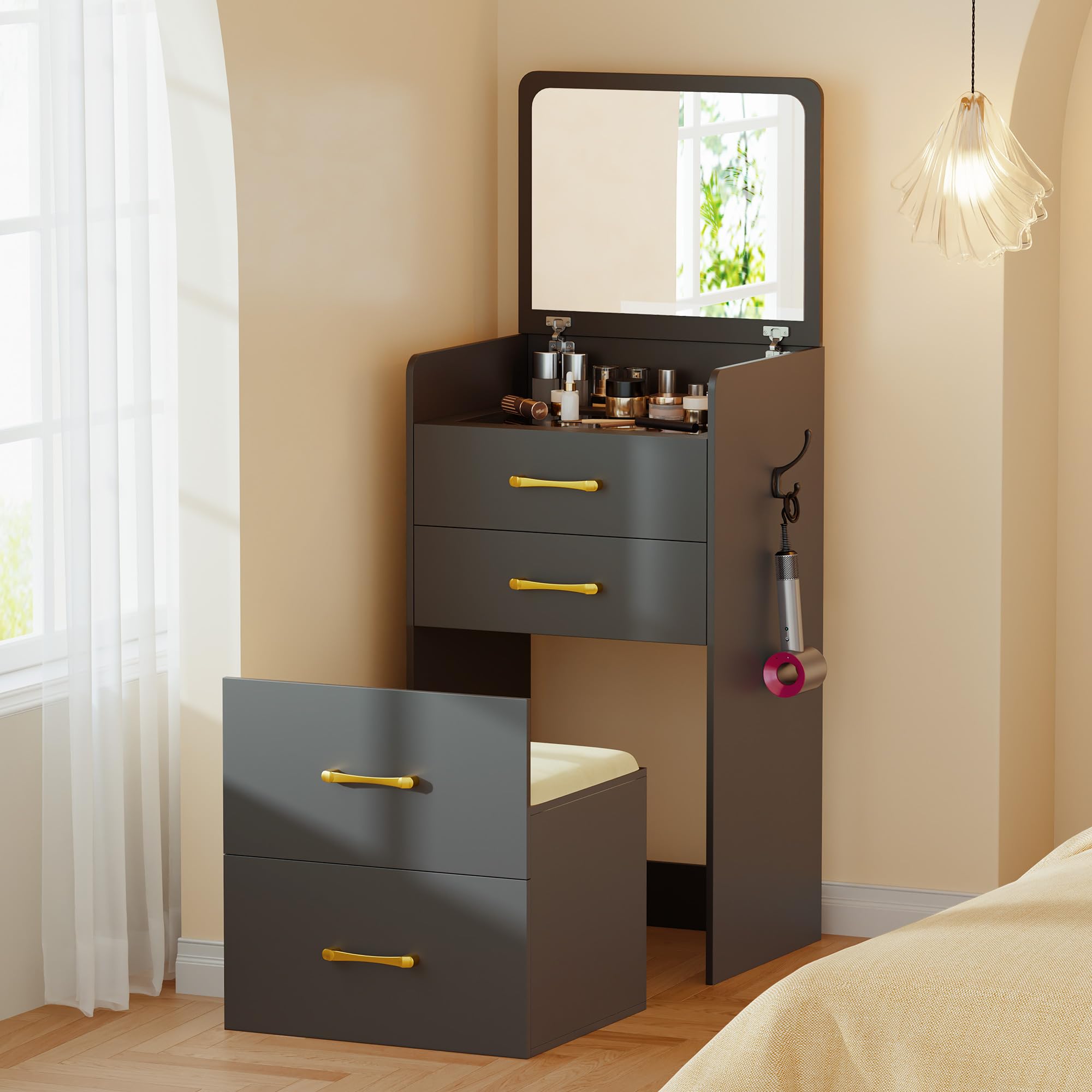 Gurexl 3 in 1 Vanity Desk with Plip Top Mirror,Compact Makeup Vanity with 3 Drawers,Cushioned Tool,Dressing Table for Bedroom,Small Make Up Vanity Set with Visible Glass Desktop,Black
