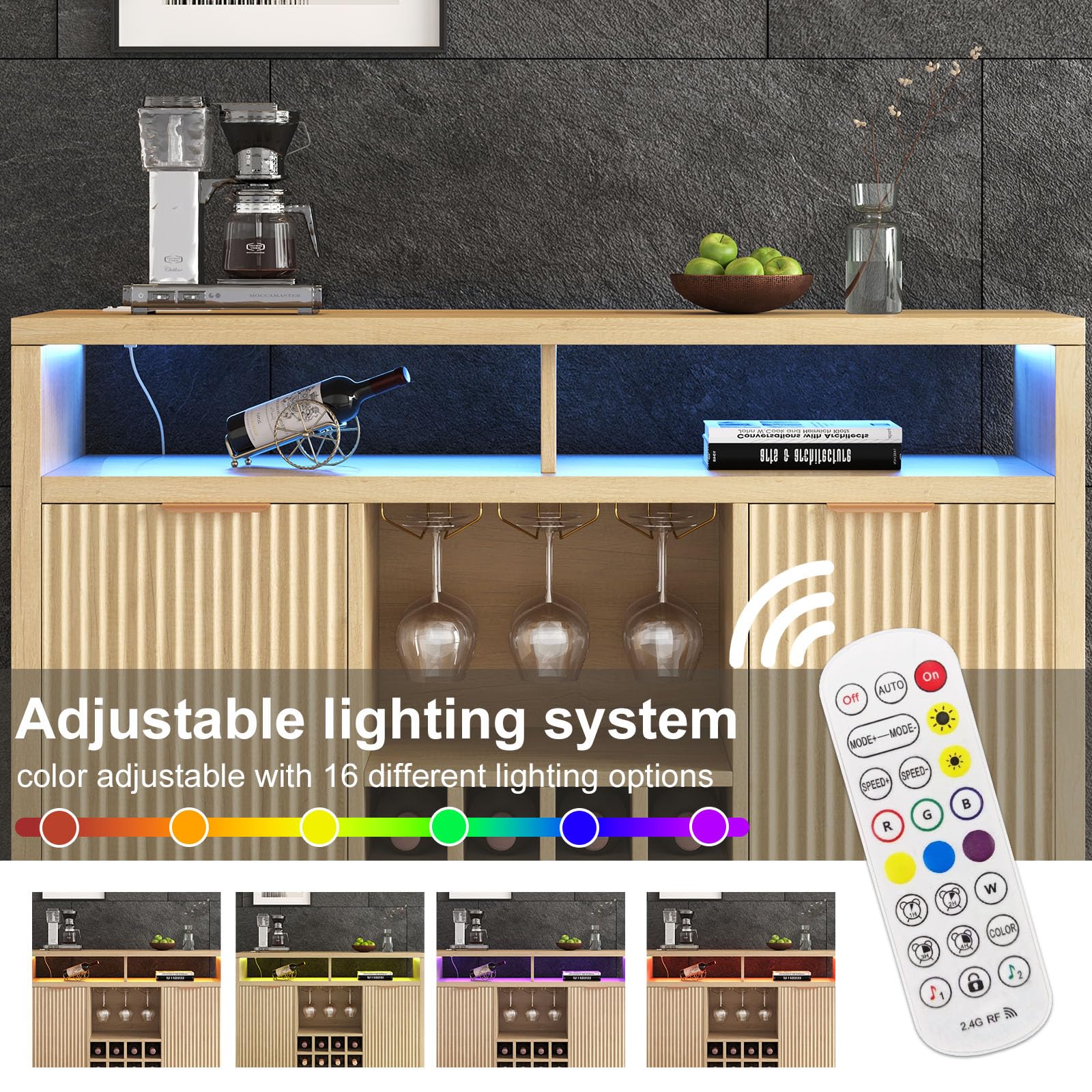 Fluted Home Bar Wine Cabinet with LED Light, Charging Station, Wine Rack - Buffet Cabinet with Storage, Coffee Bar Table, Stylish Fluted Credenza Cabinet for Modern Home Kitchen 47.2" Black