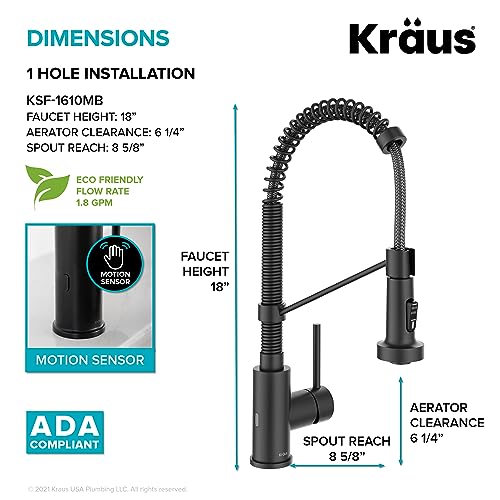 KRAUS Bolden Touchless Sensor Commercial Style 2-Function Single Handle Pull Down Kitchen Faucet in Matte Black, KSF-1610MB