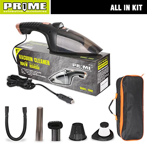 PR1ME Handheld Car Vacuum Cleaner, DC 12V Portable Car Vacuum Cleaner, Strong Suction High Power Hand Vacuum, LED Light, w/ 3 Attachments, 16 Ft Cord, Lightweight Dry Wet Amphibious Vehicle Cleaner