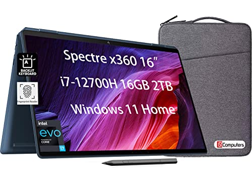 HP Spectre x360 16" 2-in-1 3K QHD+ Touchscreen (Intel 12th Gen i7-12700H, 16GB RAM, 2TB SSD, Stylus) Business Laptop, Long-Battery Life, Fingerprint, Backlit, Thunderbolt 4, IST Bag, Win 11 Home