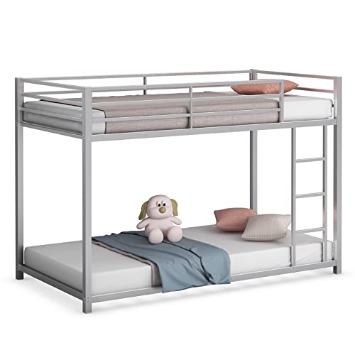 DORTALA Bunk Bed Twin Over Twin, Twin Bunk Beds w/Guardrail & Ladder, Metal Bunk Bed for Dormitory & Multiple-Child Family, Twin Bunk Beds for Toddler, Kids, Silver