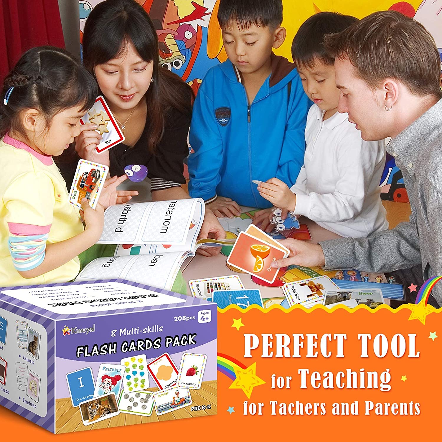 Sight Words Flash Cards with Pictures, Motions&Sentences, 208 CVC Dolch Sight Words, Learn to Read, Phonics Learning for Preschool, Kindergarten, Homeschool