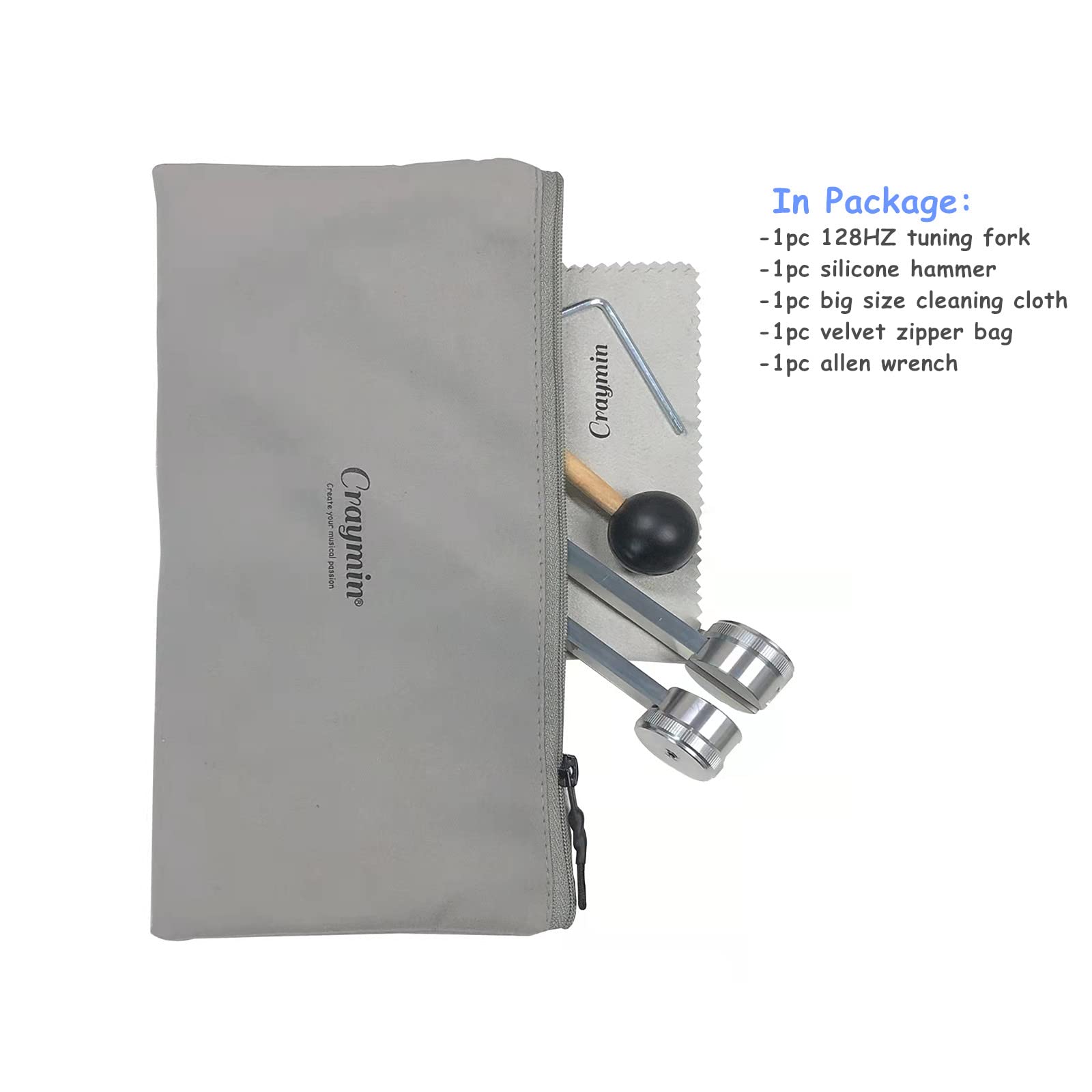 Craymin 128 Hz Tuning Fork with Silicone Hammer, Repair Tool and Cleaning Cloth Packed in Soft Zipper Velvet Bag (Siver)