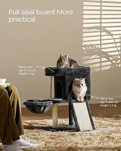 FourFurPets Cat Tree, 27in Cat Tower, Cat Condo for Kittens, Large Cat Perch, Cat Caves, Cat Basket, Sisal Scratching Board, Smoky Gray
