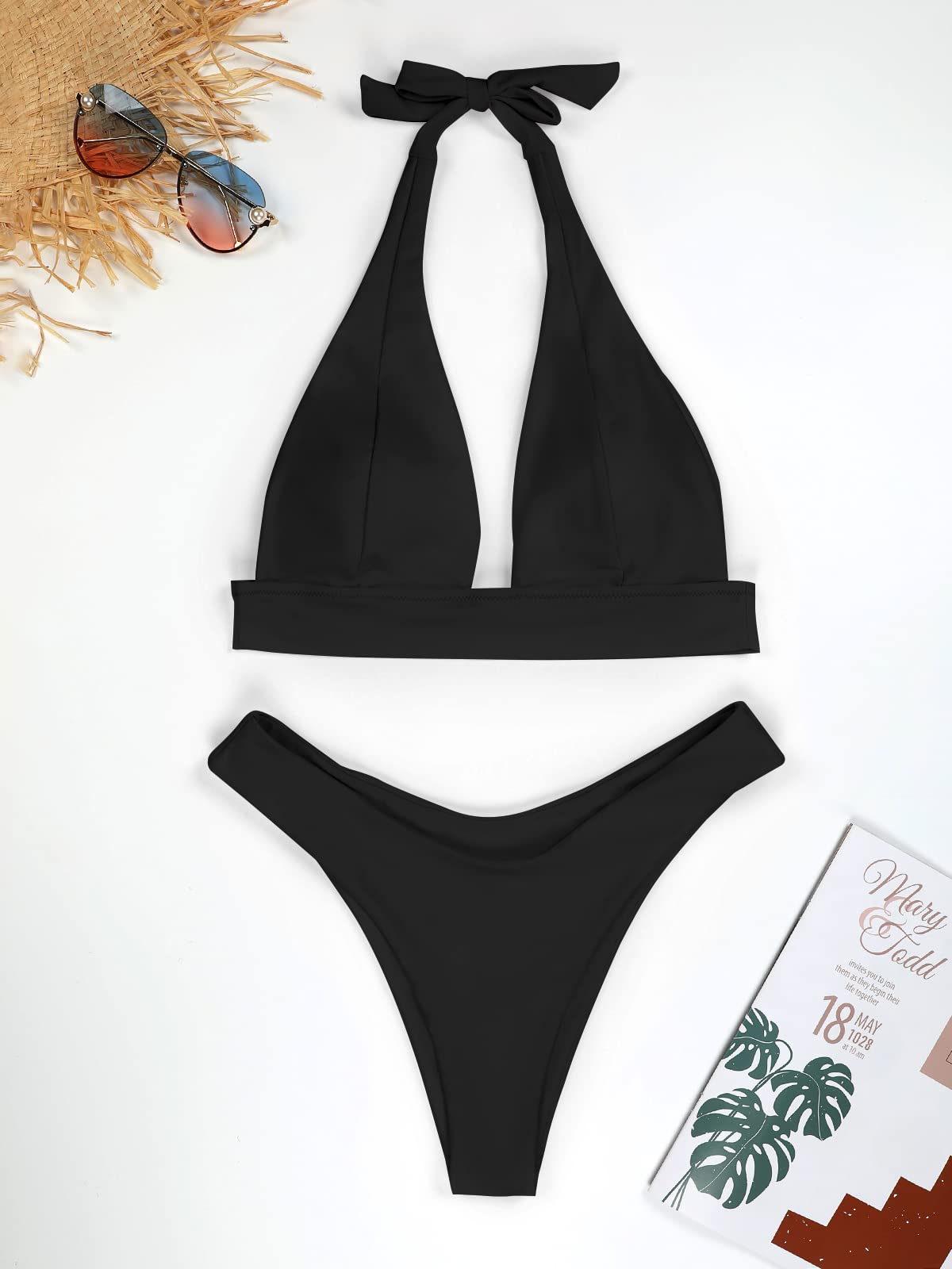 Blooming Jelly Womens High Cut Bikini Sets Sexy Cheeky Two Piece Swimsuit Slimming Halter Flattering Ladies Cute Bathing Suit (Medium, Black)