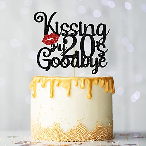 Glitter Kissing My 20's Goodbye Cake Topper, Rip Twenties Cake Decor, Happy 30th Birthday Party Decoration Supplies(Black and Red)