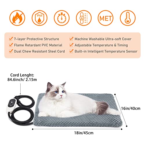 INVENHO Pet Heating Pad, Waterproof Adjustable Temperature Dog Cat Heating Pad with Timer, Indoor Pet Heating Pads for Cats Dogs Electric Pads for Dogs Cats, Pet Heated Pad (S: 18" x 16")
