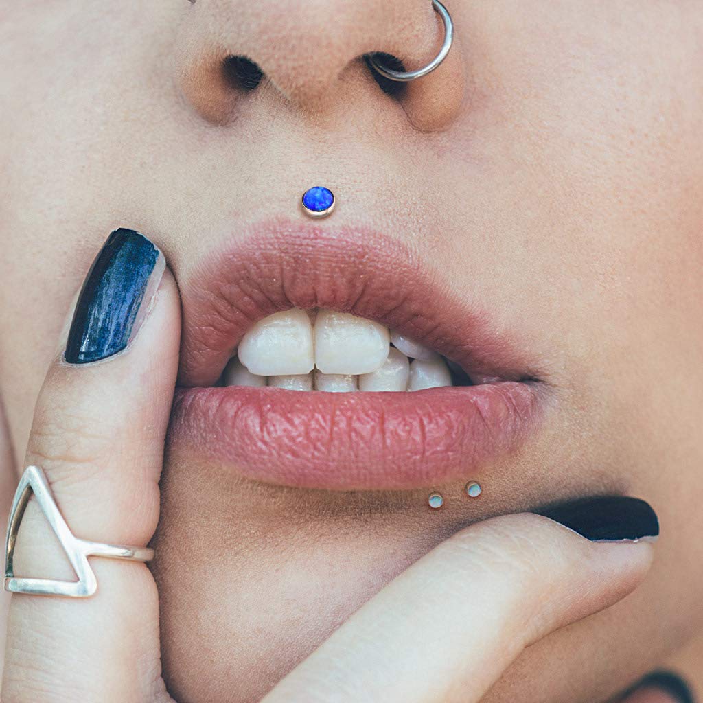 Covet Jewelry Push in Opal Flat Set Top 316L Surgical Steel Labret, Monroe, Flat Back Stud. (16 GA, Length: 6mm, Ball: 4mm, Opal Blue)