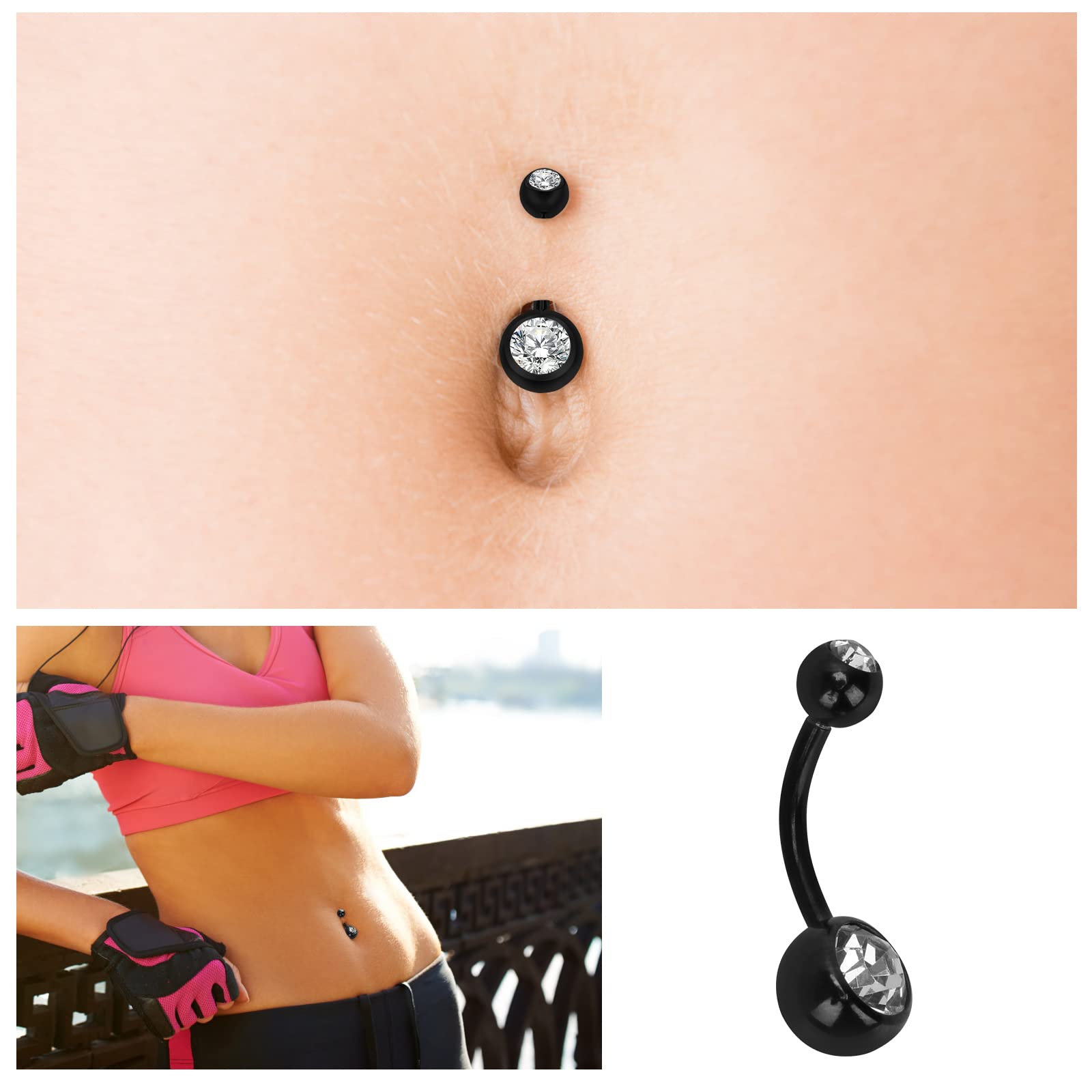 CrazyPiercing 10PCs 316L Surgical Grade Steel Rhinestone Belly Button Navel Ring Bar 23x8mm (Gold)