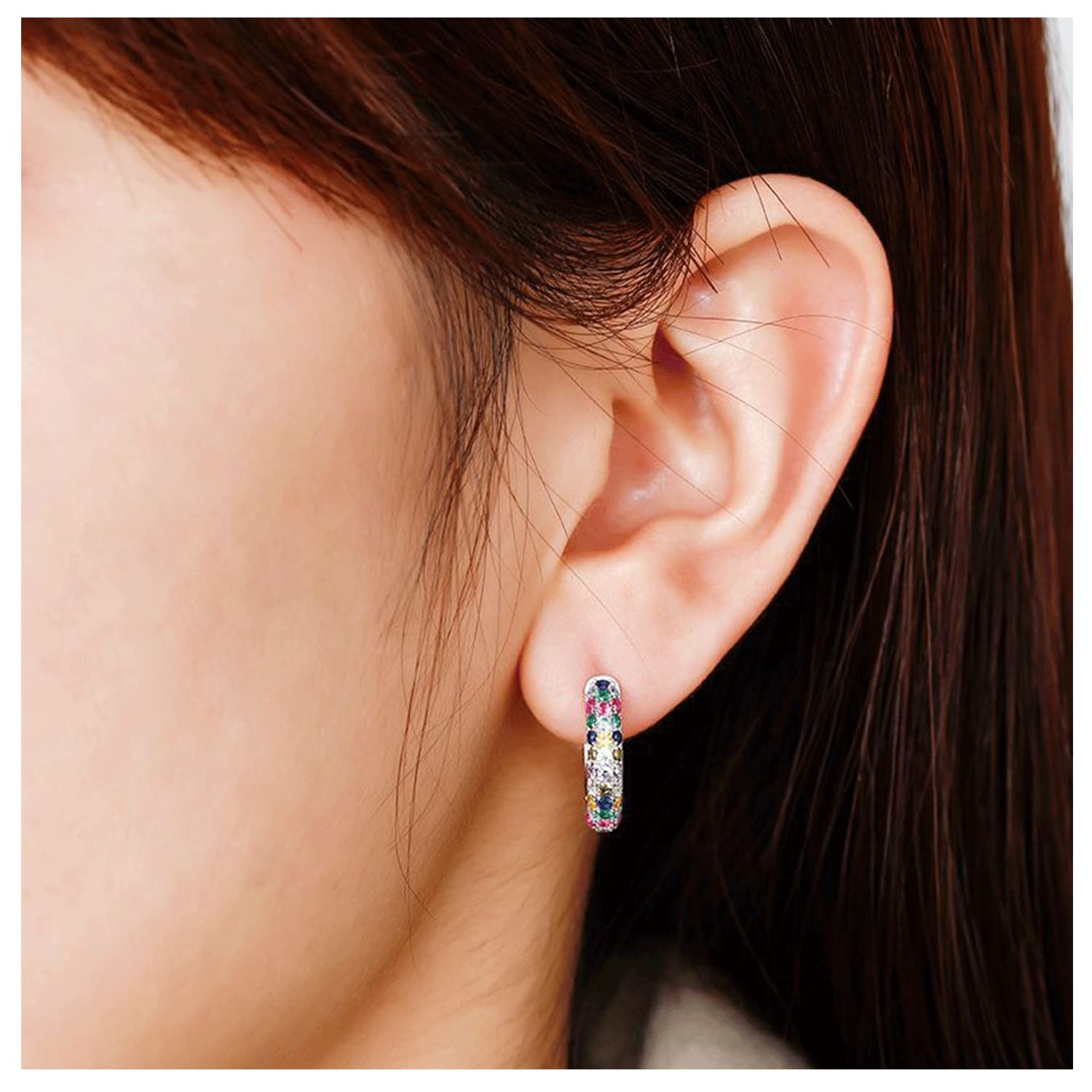 Colorful Zircon Earrings Silver Huggie Hoop Earrings Dainty Stud Earrings CZ Simple Earrings Personalized Gift for Women (Silver)