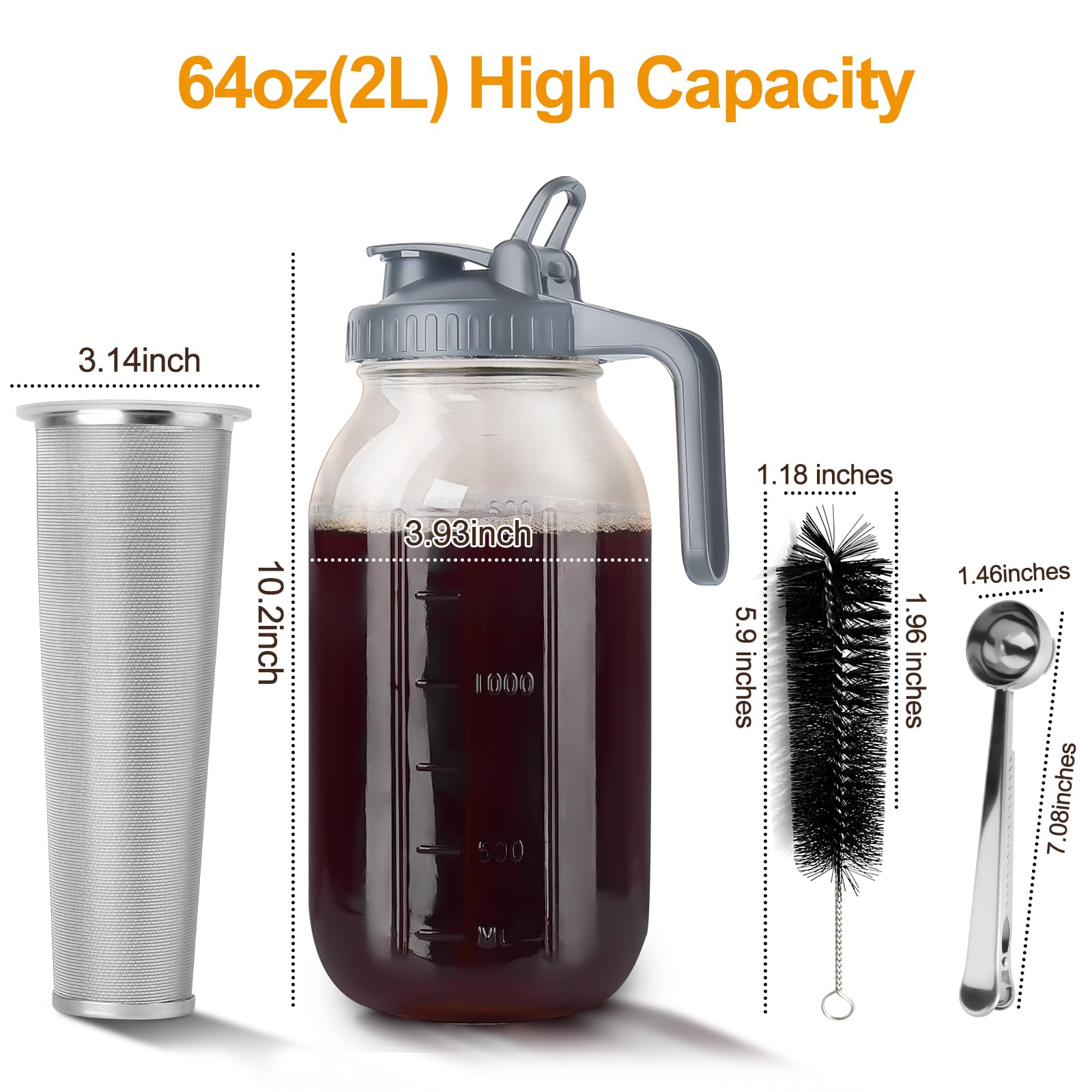 Cold Brew Mason Jar Coffee Maker, 64oz Cold Brew Coffee Pitcher, Durable Glass Mason Jar Cold Brew Coffee Maker With Handle & Stainless Steel Filter For Iced Coffee Tea Fruit Drinks Container