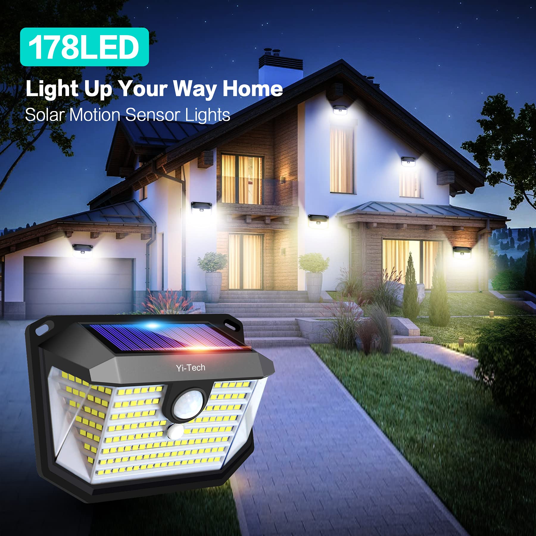 Yi Tech Solar Outdoor Lights, 178 LED Solar Motion Lights Outdoor with 270° Wide Angle, IP65 Waterproof, Dusk to Dawn Solar Powered Security Lights Wireless Wall Light for Garden Yard Patio, 2 Pack