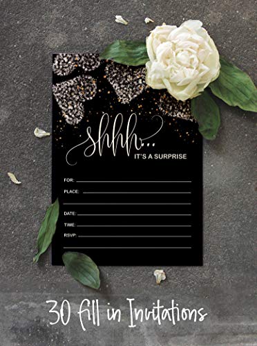 Inkdotpot Pack of 30 Surprise Party Birthday Invitations with Envelopes, Black Retirement Party, Bridal Shower, Baby Shower Fill in Style Invites
