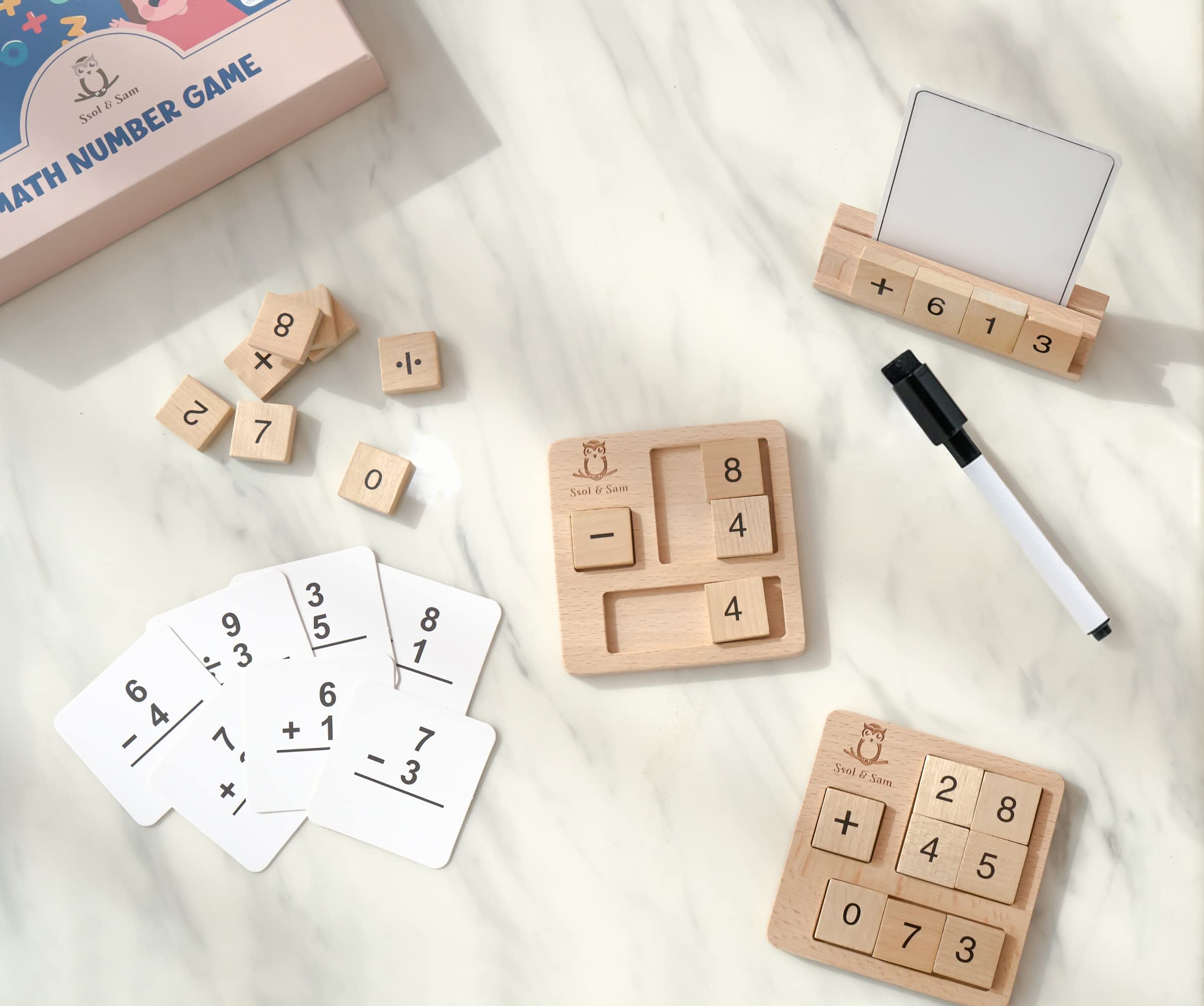 SSol & Sam Educational Math Toys - STEM Counting Toys with Math Flash Cards, Wooden Number Blocks and Boards - Montessori Toys Kindergarten Preschool Kids Ages 4+