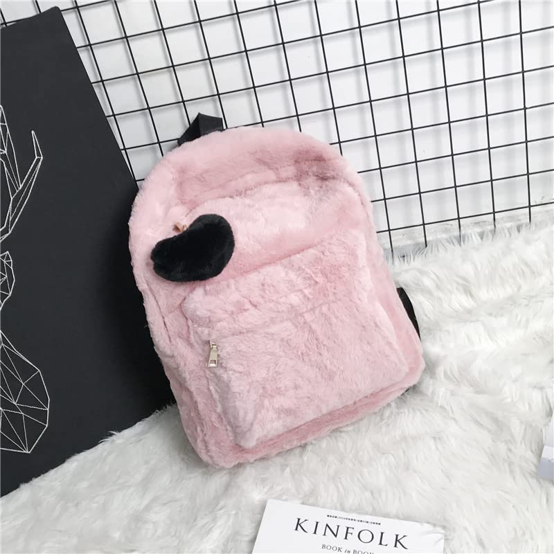 HOKMAH Cute Fuzzy Backpack for Girls, Aesthetic School Supplies Fuzzy Plush Backpack, Kawaii Furry Plush Backpack for Teens (Pink)
