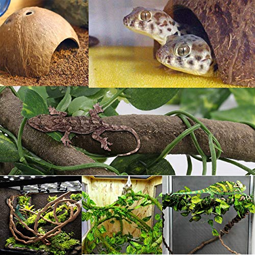 kathson Leopard Gecko Tank Accessories Reptile Habitat Decor Reptiles Hanging Plants Artificial Bendable Climbing Vines and Hidden Coconut Shell Hole for Chameleon, Lizards, Gecko, Snakes