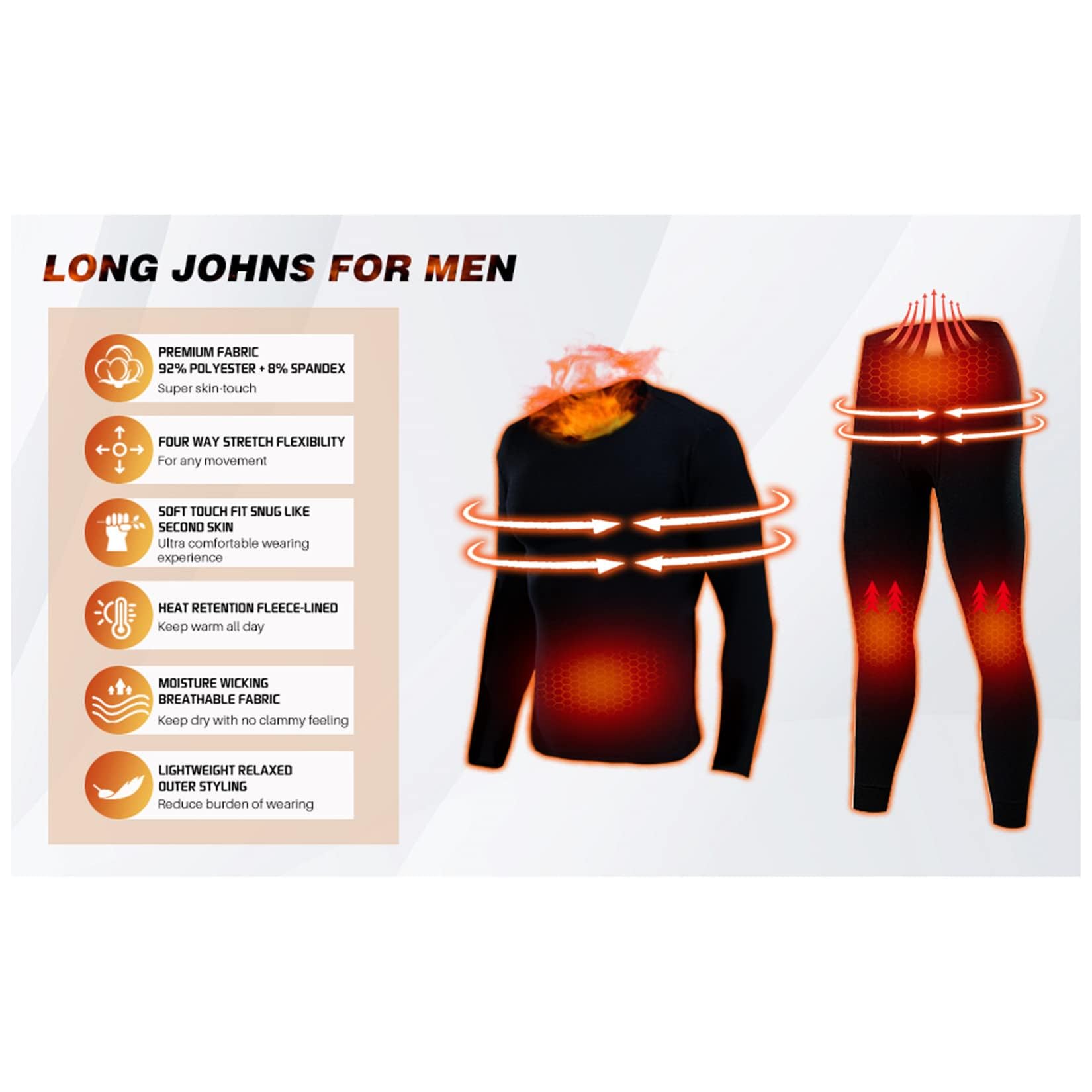 Century Star Heavyweight Thermal Underwear for Men Set Long Johns Base Layer Mens Fleece Lined Top Bottom Hunting Gear Heavyweight Black Medium
