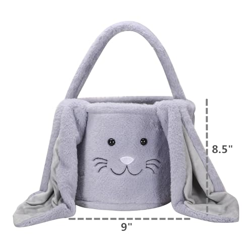 E-FirstFeeling Plush Easter Bunny Basket for Girls Boys Easter Basket for Kids Easter Egg Hunt Basket with Plush Ears Bunny Bucket Tote for Easter Eggs Candy (Plush-Grey)