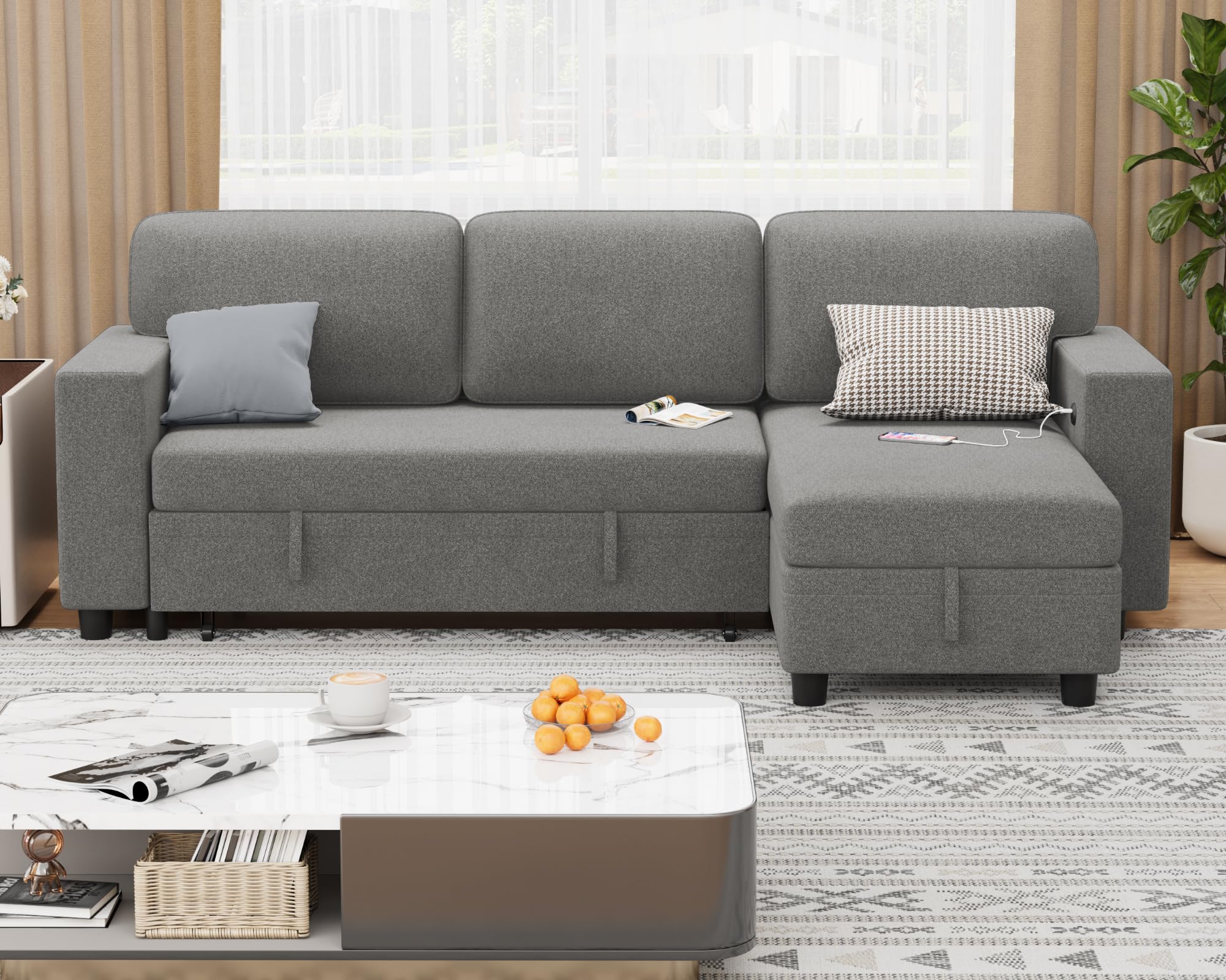 Flamaker 80" Sleeper Sofa, Sofa Bed with Built-in Large Storage and 2 Bookshelves, Convertible Sectional Sofa Couch, Pull Out Couch with USB, Modern Couches for Living Room (Fabric, Grey)