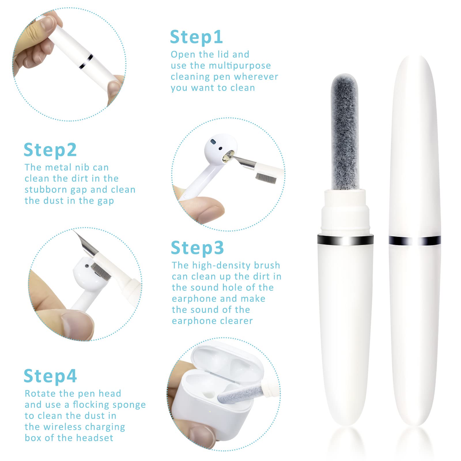 Cleaner Kit for Airpods Pro and 1/2 Multifunction Cleaning Pen with Soft Brush for Bluetooth Earphones Case(White Color)