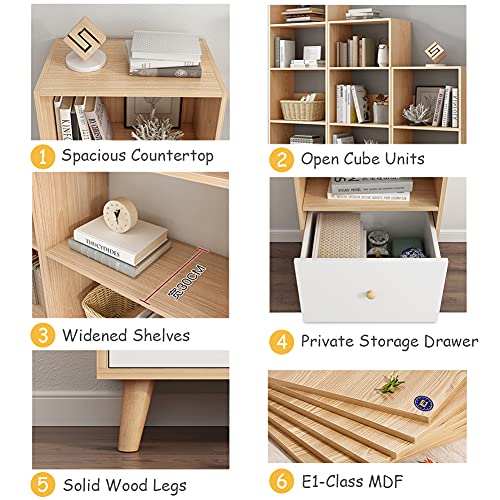 IOTXY 3-Tier Open Shelves Bookcase - 47" Height Modern Free Standing Wooden Cube Bookshelf with Storage Drawer and Legs, Walnut